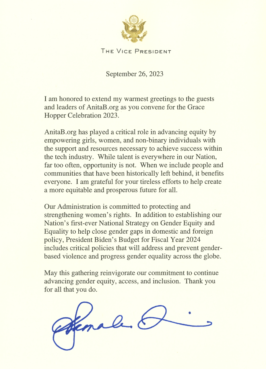 VP Kamala Harris Letter of Support | AnitaB.org